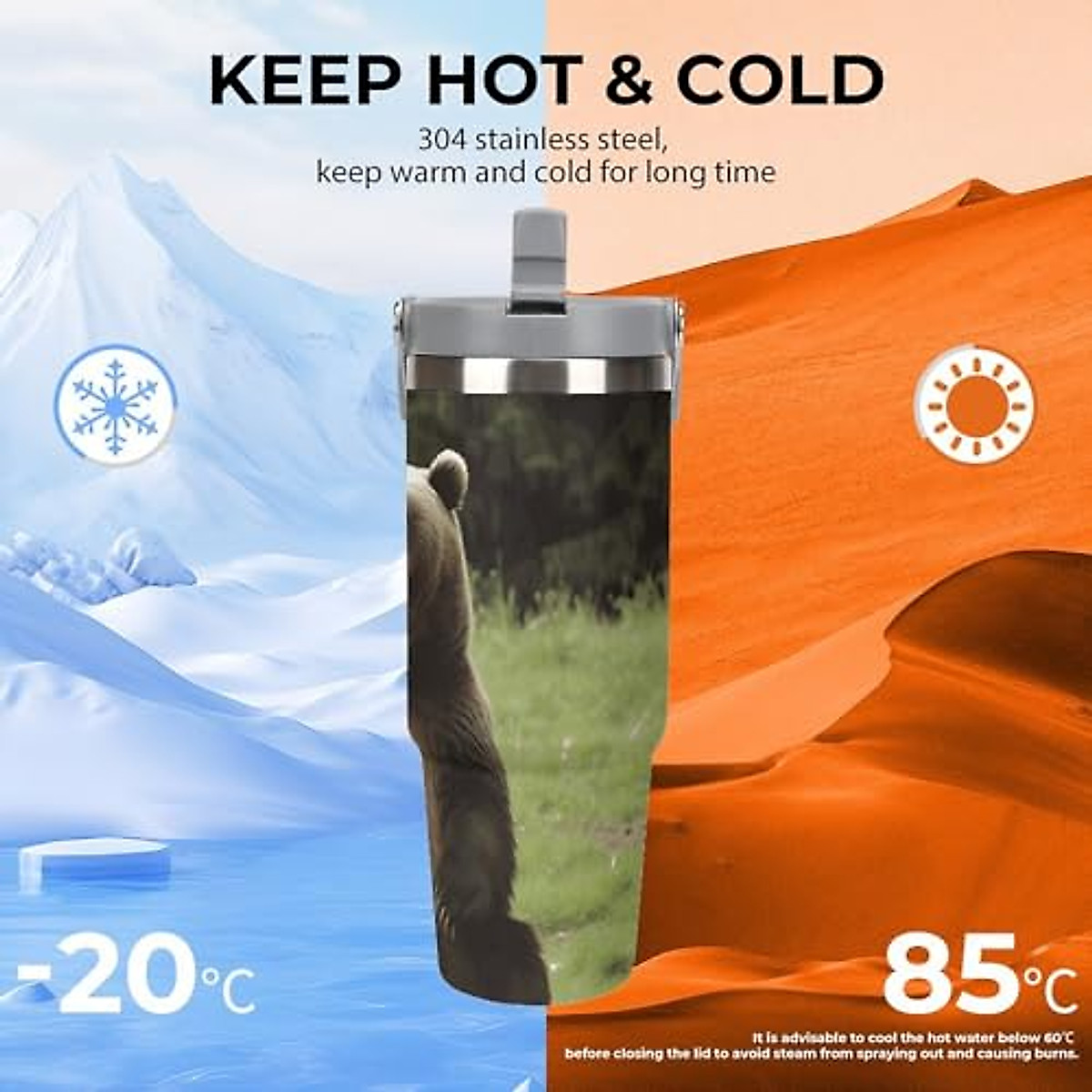 Hi Bear Sit on The Lawn 30oz Stainless Steel Insulated Tumbler with Straw & Foldable Handle - Leakproof, Double-Wall Vacuum Travel Thermos for Hot/Cold Drinks, Non-Slip Base, Fit Cup Holders