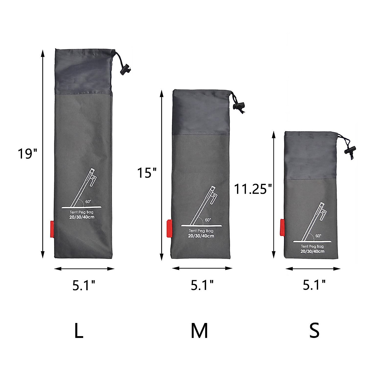 YTYKINOY 3 Pieces Outdoor Tent peg Storage Bag Camp Accesorries Bag Camping Tent Stakes Sleeve (L, M, S)