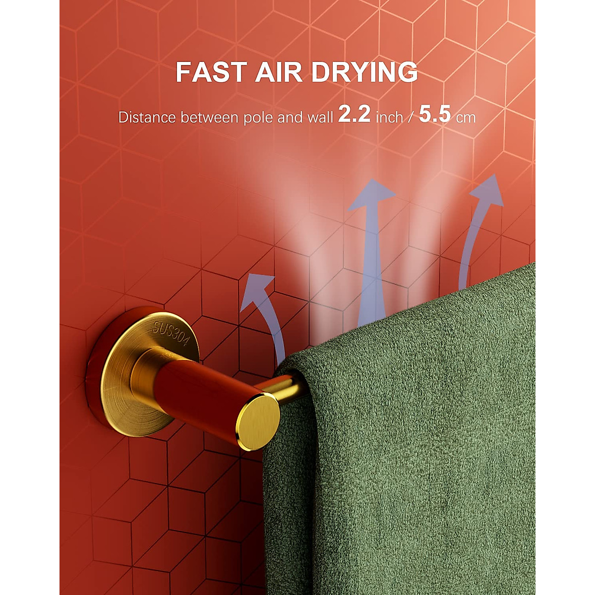 2 Pack Adjustable 16 to 27.6 Inch Single Gold Towel Bar, iMomwee SUS304 Stainless Steel Bath Towel Holder, Wall Mounted Towel Rail for Bathroom Kitchen Washroom, 1" Diameter Towel Rod with S Hooks