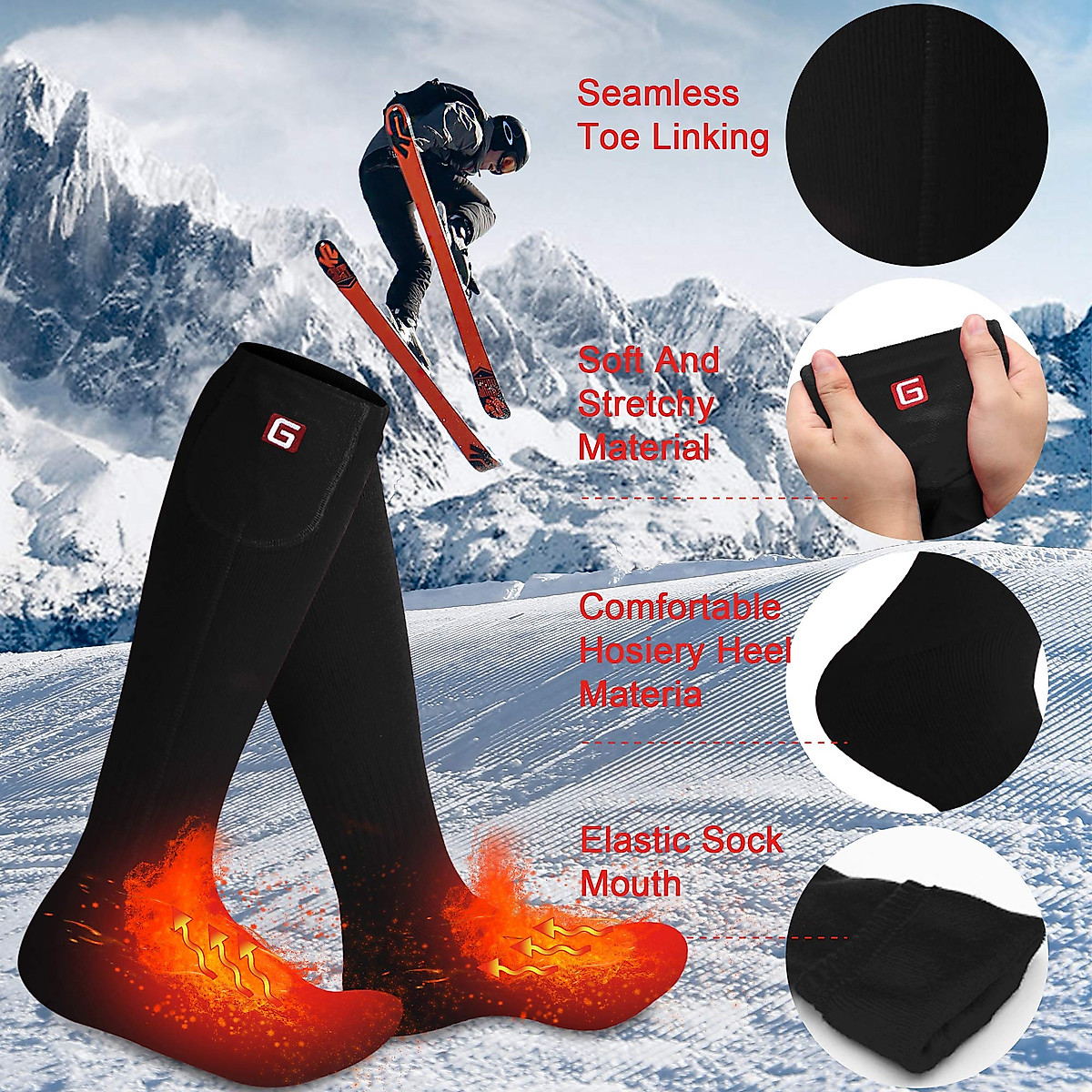Autocastle Heated Socks for Men Rechargeable Electric Battery Heated Stockings,Male Winter Warm Battery Powered Heat Insulated Sox,Novelty Climb Hike Thermal Socks Hunt Ski Cycle Foot Warmer,Black L