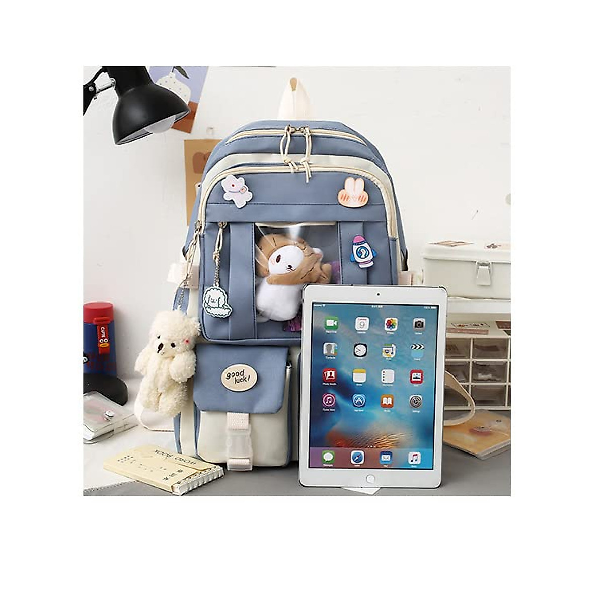 MWZING kawaii Backpack 5 Piece Backpack Set with handbag Pencil Box Small Cell Phone Purse Receive Bag with Pendant Pins Blue
