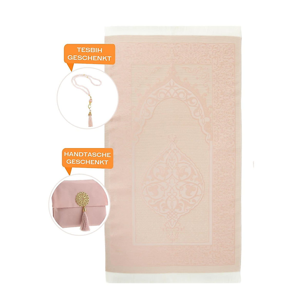 Prien Muslim Prayer Rug with Tasbih and Portable Bag, Muslim Gift for Women Men, Mubarak Islamic Box, Soft Mat Islam Gifts Set, Turkish Sajadah for Ramadan, Eid, Hajj, Travel, Pray (Powder Pink)