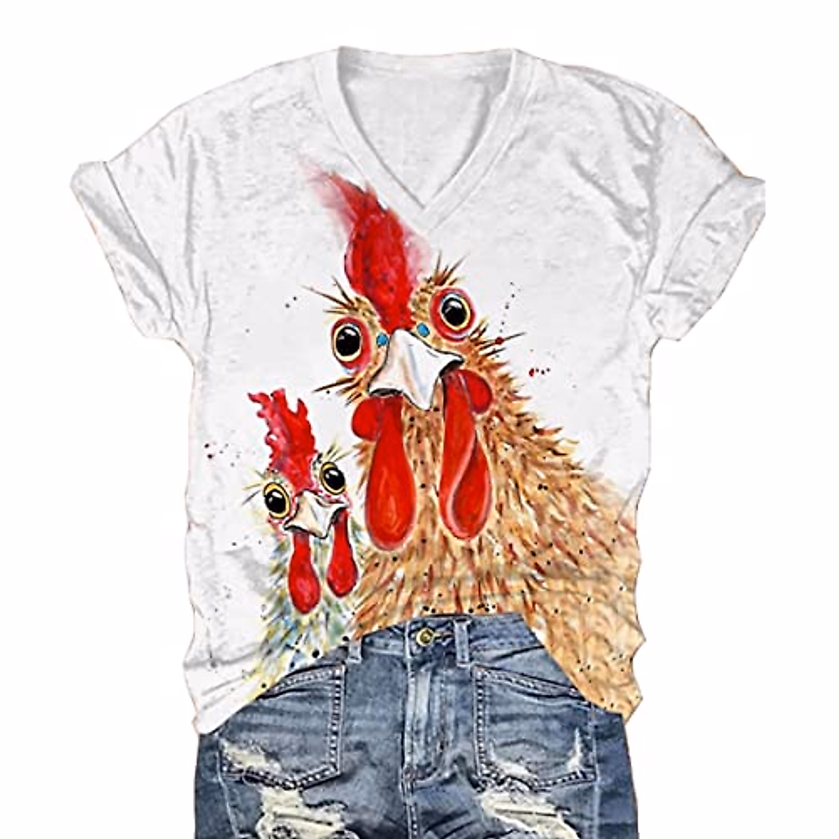 Women's Fun Chicken Print V-Neck T-Shirt Summer Short Sleeve Cute Animal Pattern Tees Tops White
