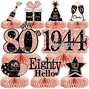 9Pcs 80th Birthday Decorations Honeycomb Centerpieces for Women, Rose Gold Happy 80th Birthday Centerpieces Tables Toppers Party Decorations Supplies, Vintage 1944 Aged Birthday Table Sign Decor
