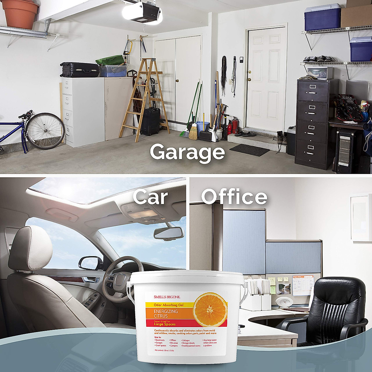 SMELLS BEGONE Odor Absorber Gel - Air Freshener & Odor Eliminator for Homes, Garages & Commercial Buildings - Industrial Size - Energizing Citrus Scent - 1 Gallon
