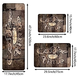 Vintage Kitchen Rug Sets 3 Piece Grunge Lettering Modern Coffee Time and Coffee Cup Retro Wood Farmhouse Floor Mats Washable Doormat Anti Fatigue Non-Slip Kitchen Runner Rugs Bedroom Area Carpet