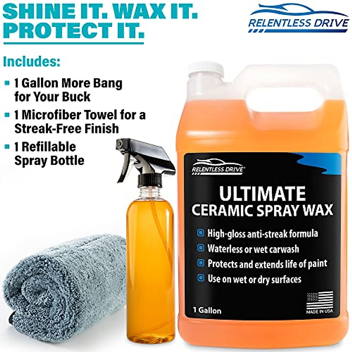 Relentless Drive Car Wax Kit (Gallon) - Wet or Waterless Ceramic Wax & Microfiber Towel - Car Wax Spray Provides The Perfect Ceramic Coating for Cars
