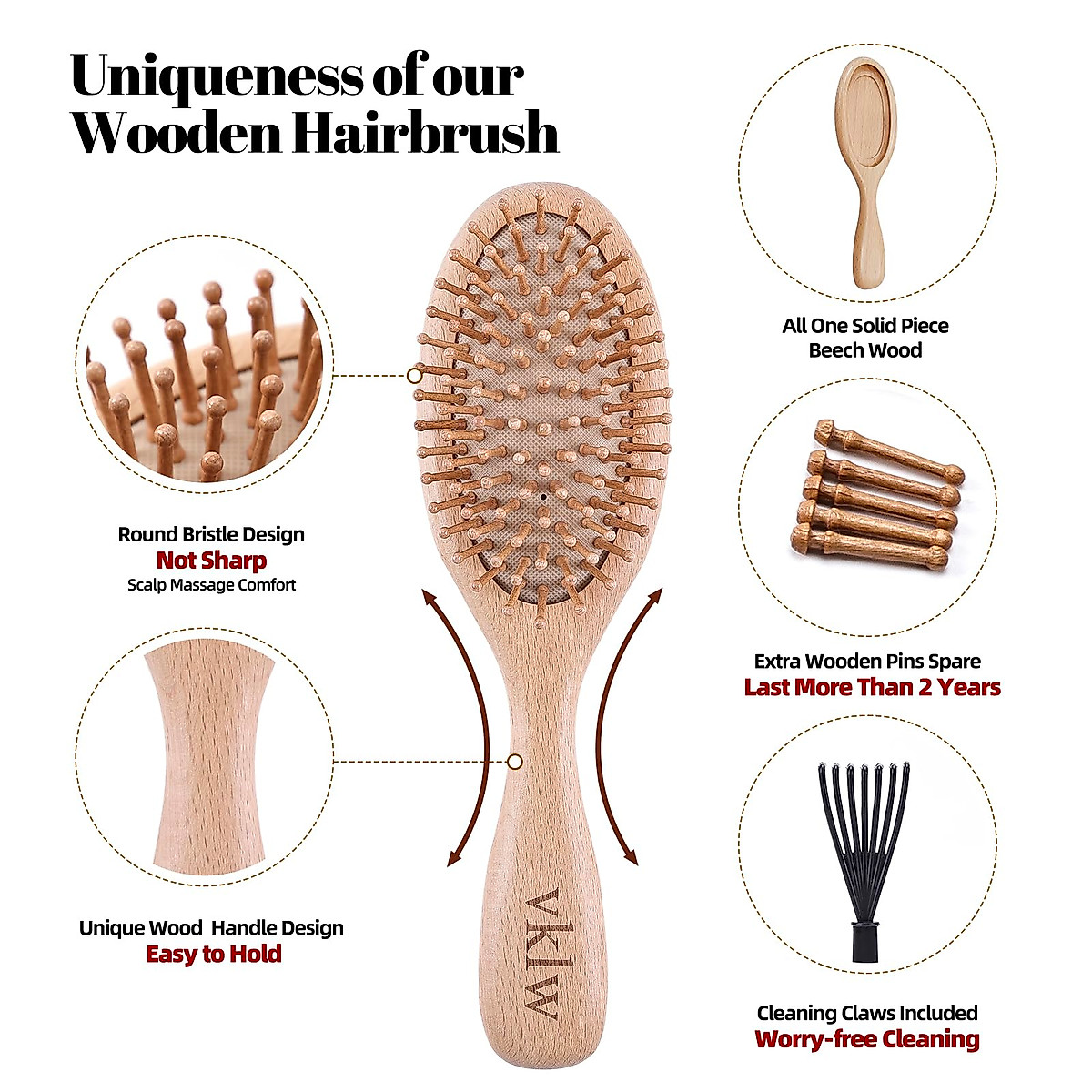 vklw Wooden Hair Brush and Comb, One-piece Design, Reduce Frizz and Static, Massage Scalp, Detangling Paddle Hairbrush for Women, Girls, Kids, Includes Cleaning Claw, 5 Wood Bristles