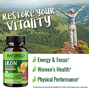 NATURELO Vegan Iron Supplement with Vitamin C and Organic Whole Foods - Gentle Pills for Women & Men w/Iron Deficiency Including Pregnancy, Anemia Diets 90 Mini Capsules