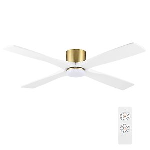 WINGBO 60 Inch Flush Mount DC Ceiling Fan with Lights and Remote, 4 Reversible Carved Wood Blades, 6-Speed Noiseless DC Motor, Hugger Ceiling Fan in Brass Finish with White Blades, ETL Listed