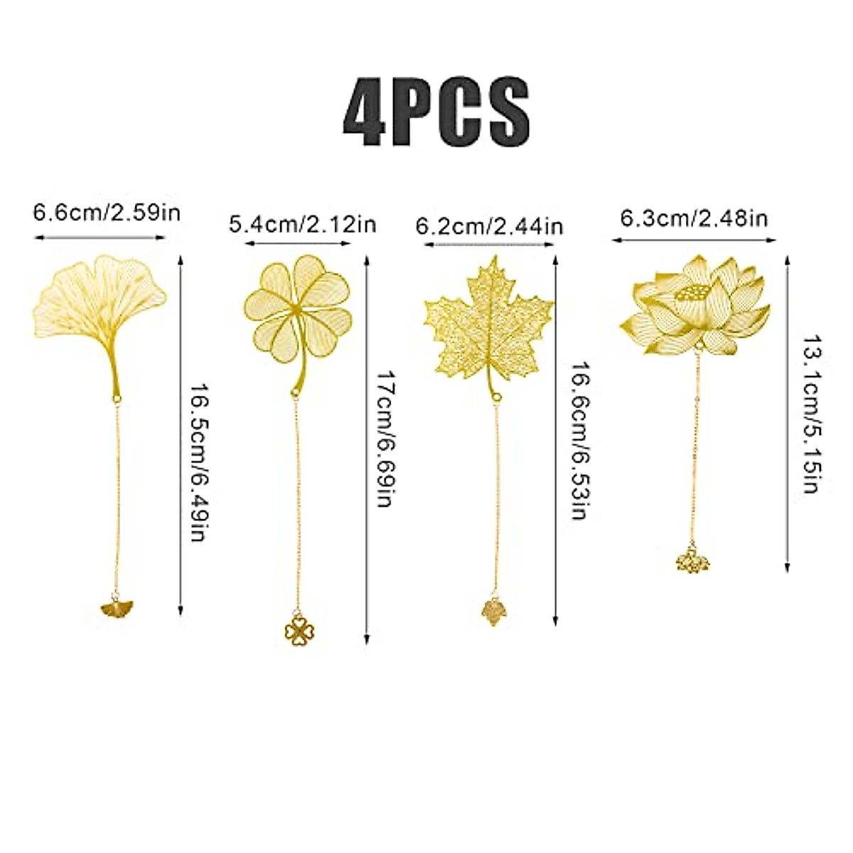 SAVITA 4 Pcs Metal Bookmarks with Chain, Hollow Leaf Bookmark with Lotus Ginkgo Maple Four-Leaf Clover Patterns, Flower Bookmarks for Book Lovers (Golden,4 Styles)