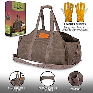 Longridge Extra Large Firewood Log Carrier Bag Tote with Leather Gloves. Durable Waxed Canvas,Handles and Shoulder Strap. Home,Camping or Gift,Grey Waxed Canvas,24 x12x12.6