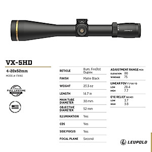 Leupold VX-5HD 4-20x52 (34mm) CDS-ZL2 Side Focus Illum. FireDot Duplex Reticle Riflescope