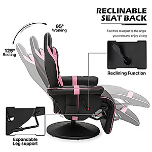 MoNiBloom Massage Gaming Recliner Chair with 2 Speakers Ergonomic Game Chair Neck Support and Widened Armrests with Built-in Cup Holders, Tilt & Swivel Comfortable Gaming Chair with Storage Bag, Pink