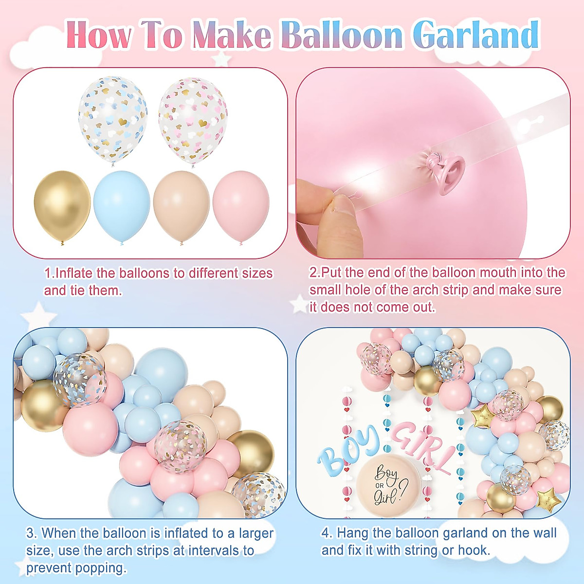 Ouddy Party Gender Reveal Decorations, Pastel Pink and Blue Nude Confetti Balloons Arch Kit Star Hanging Cloud Garland Paper Tassels He or She Boy or Girl Gender Reveal Baby Shower Party Supplies