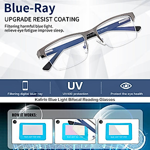 Kafirlo Bifocal Reading Glasses Men Progressive Blue Light Blocking Computer Reader No Line Half Frame Metal Wide Eyeglasses Designer Cheaters Transition Square Stylish Fashion Eyewear +2.00