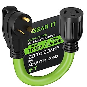 30 Amp RV Adaptor Cord, GearIT (1 Foot) 3-Prong 125/250-Volt 10/3 STW 10AWG Gauge SJTW Locking Cable, NEMA TT-30P to L5-30R, RV Outdoor Camper Trailer Portable Generator Power Cord- 1ft