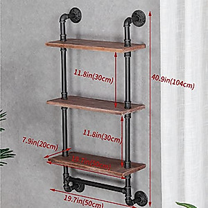 RZGY Industrial Pipe Bathroom Shelves Decor Wall Mounted 3 Tiered, Rustic Pipe Shelving Wood Shelf with Towel Bar, Pipe Shelving Floating Shelves Towel Holder, Retro Black