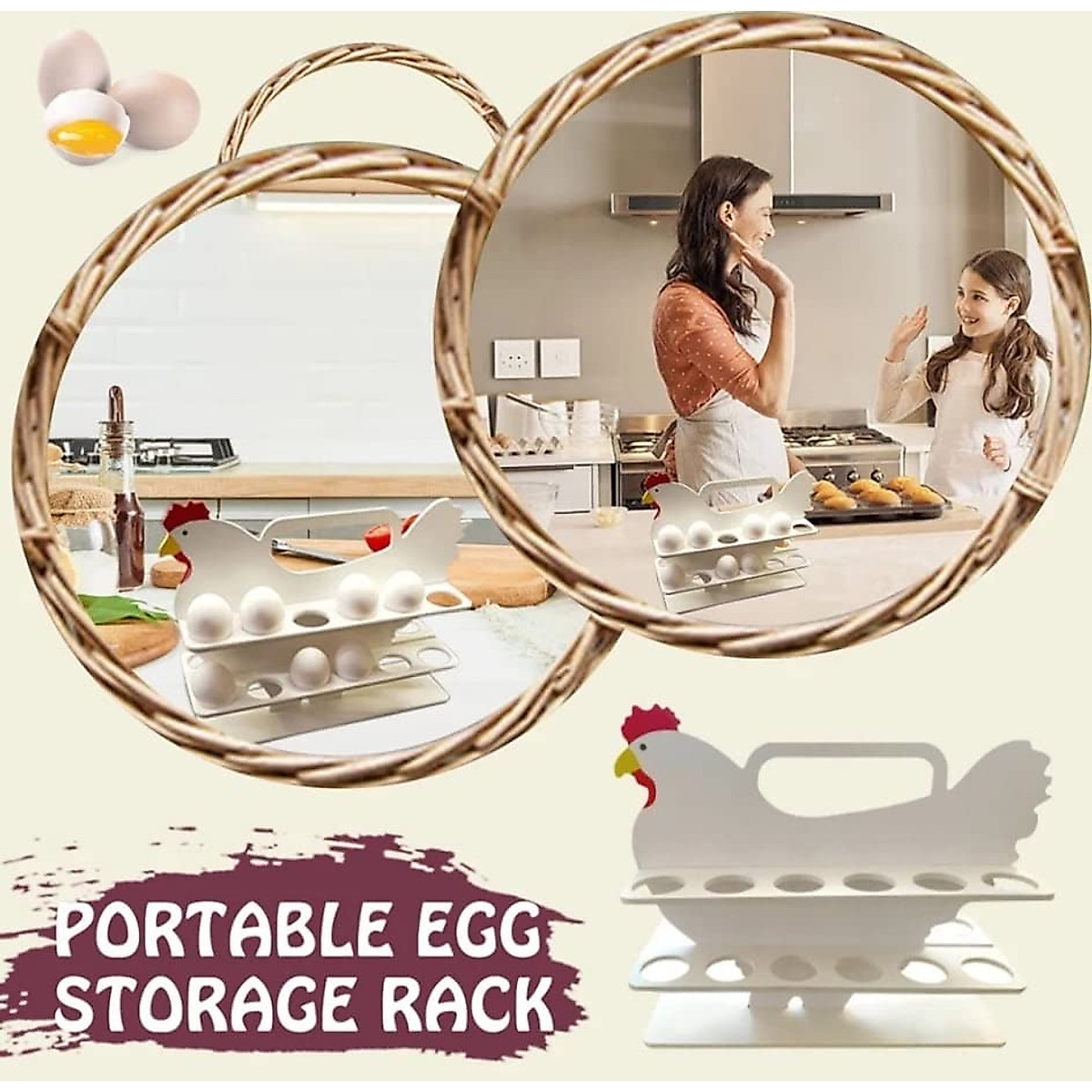 Wooden Egg Basket Holder Chicken Hen Shaped Egg Storage Basket Rack Display 24 Eggs (Rack only)