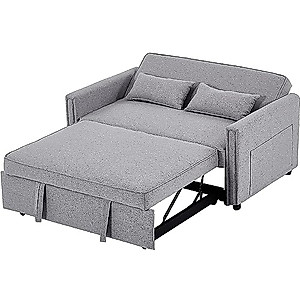 3-in-1 Convertible Upholstered Loveseat Sofa Couch with Pull-Out Sleeper Bed,2-Seat Futon Lounge Recliner Sofá Chair with Adjustable Reclining Backrests,Lumbar Pillows and Side Pockets for Living Room