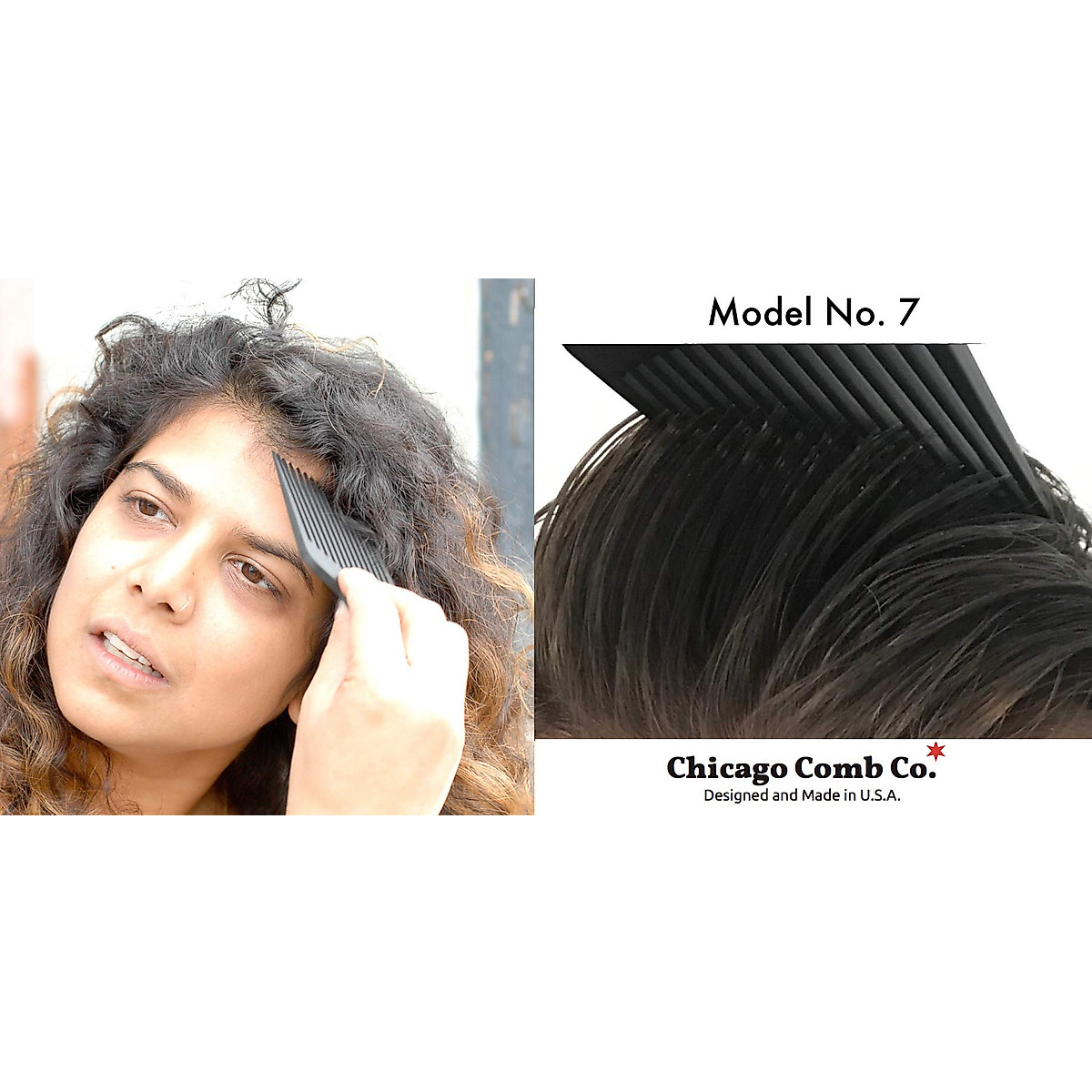 Chicago Comb Model 7 Carbon Fiber Pick Comb, for Long Thick Curly & Afro Hair Styles, Black Color, 6 inches (15 cm)