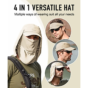 Koreshion Men Women Fishing Hat Outdoor UV Protection Sun Hat 4 in 1 Summer Hat Baseball Cap Visor Hat with Removable Mesh Face Cover & Neck Flap Beige