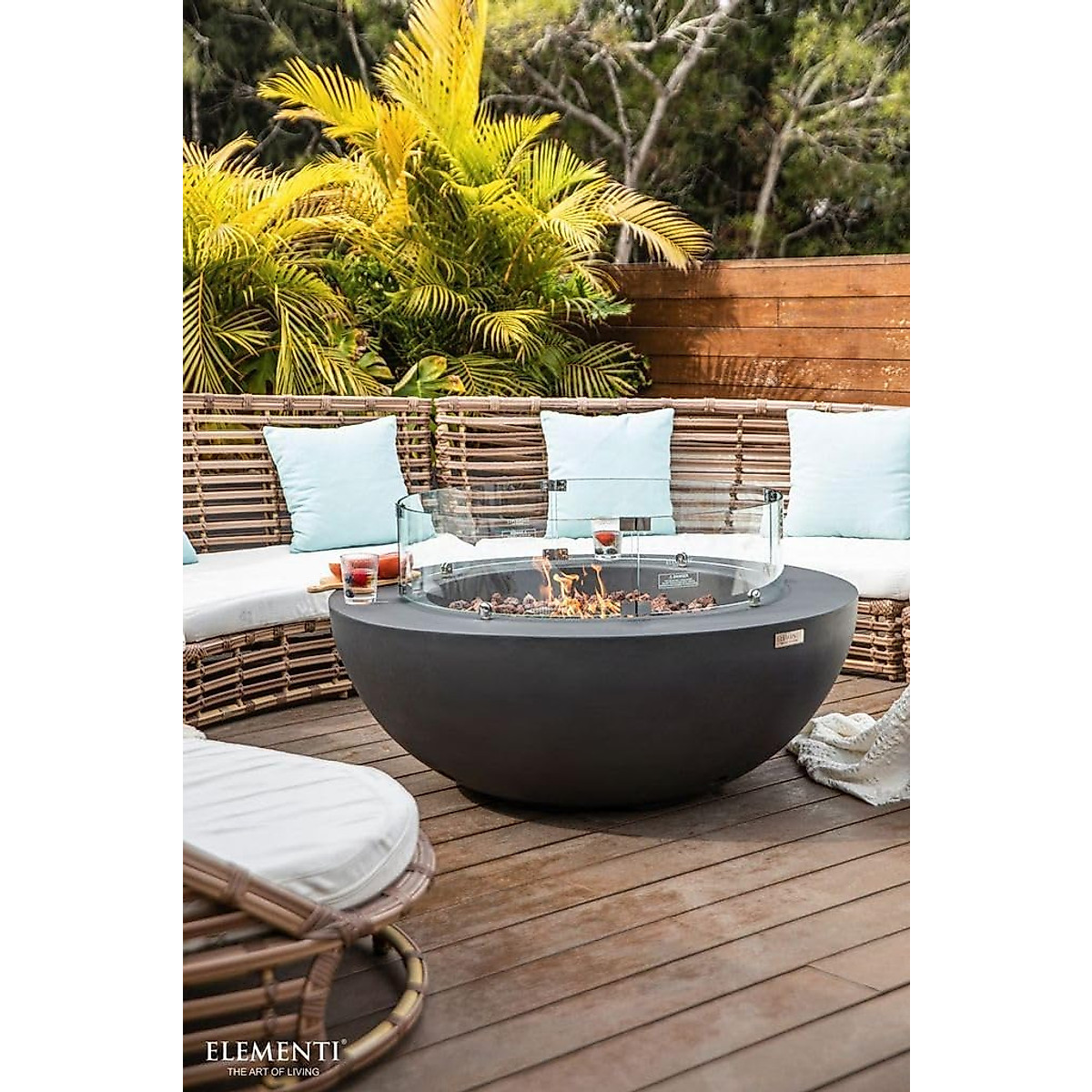 AMS Fireplace Elementi Lunar Bowl Cast Concrete Fire Table Bundle, Outdoor Fire Pit Fire TablePatio Furniture, Dark Gray (Natural Gas)