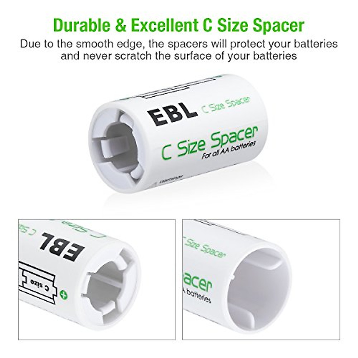 EBL C Size Battery Adapters, AA to C Size Battery Spacer Converter Case Use with Rechargeable AA Battery Cells - 4 Pack