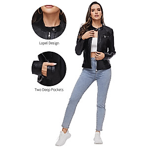 Fahsyee Women's Faux Leather Jackets, Zip Up Motorcycle Short PU Moto Biker Outwear Stand Collar Coat Size L Black