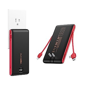 VEEKTOMX Portable Charger with Built in Cables 22.5W 10000mAh, Power Bank for iPhone with AC Wall Plug, Fast Charging USB C Slim Battery Pack with LED Display Compatible with iPhone15/14/13, Samsung