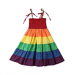 Toddler Kids Girls Summer Dress Rainbow Sleeveless Halter Beach Tutu Sundress One Piece (Rainbow Dress, 6-7 Years)