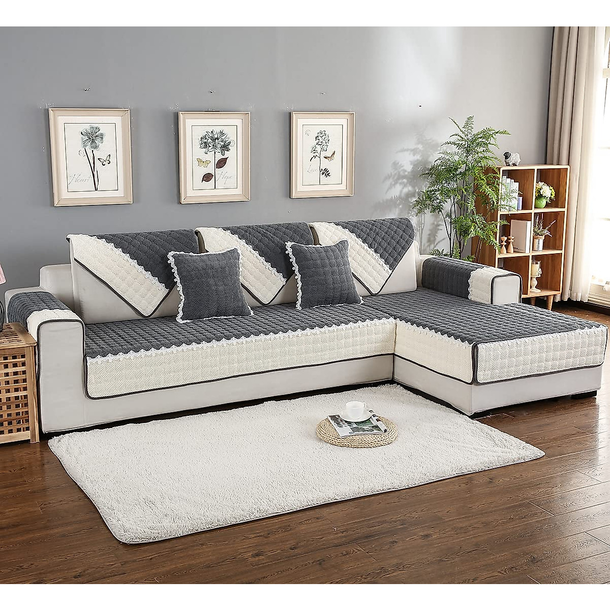 vctops Soft Corduroy Sofa Couch Cover, Plaid Sectional Couch Covers, Non-Slip Sofa Slipcover for Dogs Cats Kids(Dark Grey,36"x63")