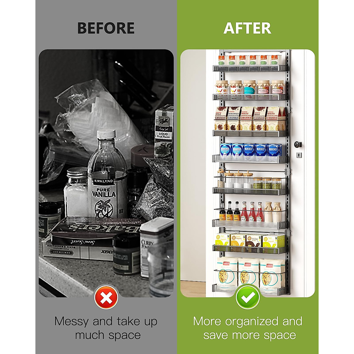 POKIPO 8-Tier Over the Door Pantry Organizer, 2 in 1 Large Door Spice Rack with Adjustable Metal Baskets, Heavy Duty Hanging or Wall Mounted Storage Organizer for Kitchen Pantry and Room Wall