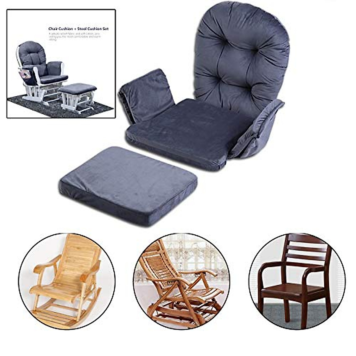 Ejoyous Rocking Chair Cushion Set, Soft Velvet Cotton Chair Cushion and Stool Cushion Pad Set with Storage Pocket for Home Living Room Bedroom Office