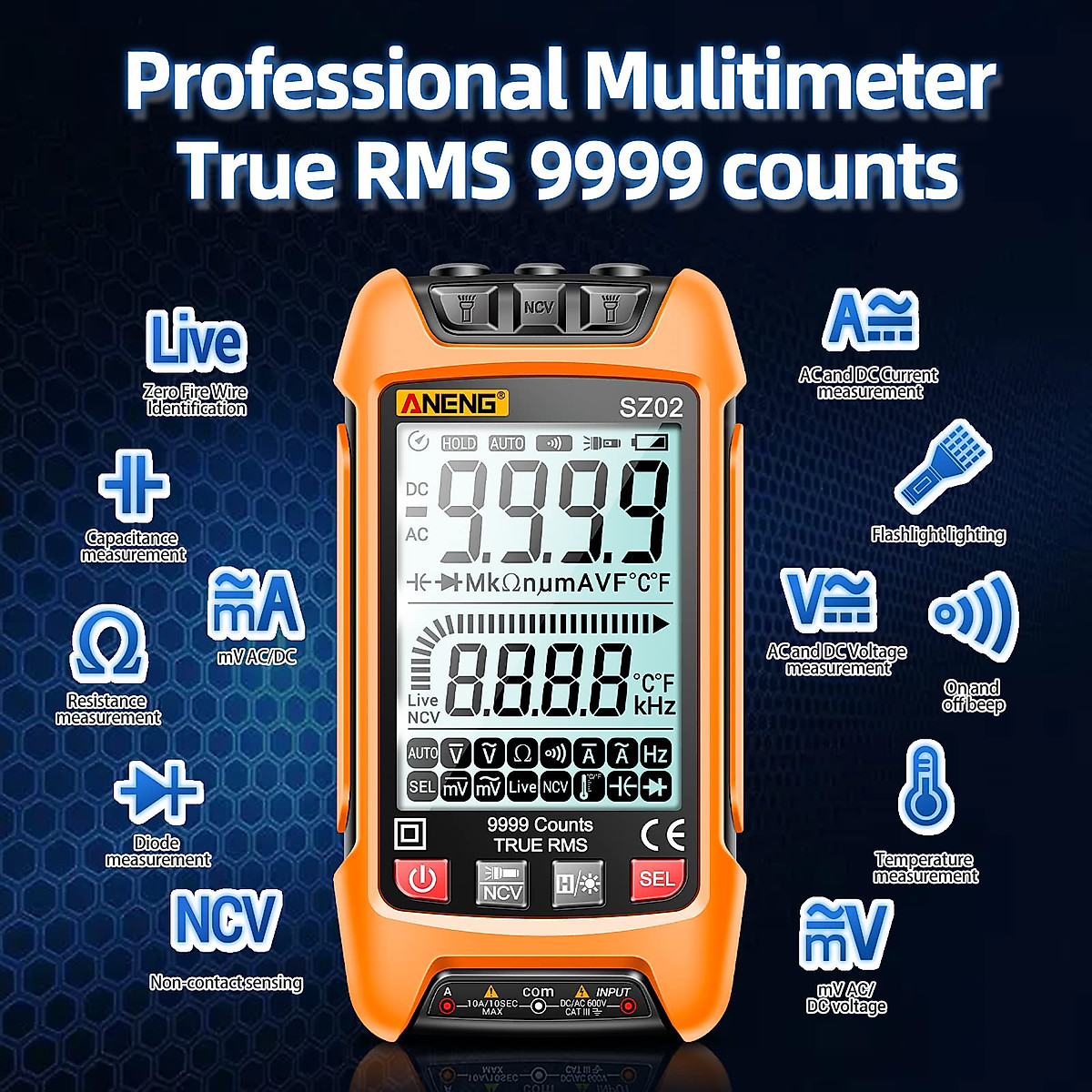 ANENG Digital Multimeter Smart Testers TRMS 9999 Counts Anti-Burning Ohm Amp Volt Meter Measures NCV,AC/DC Current/Voltage,Resistance,Continuity,Capacitance,diodes,Auto-ranging Electrical Tools