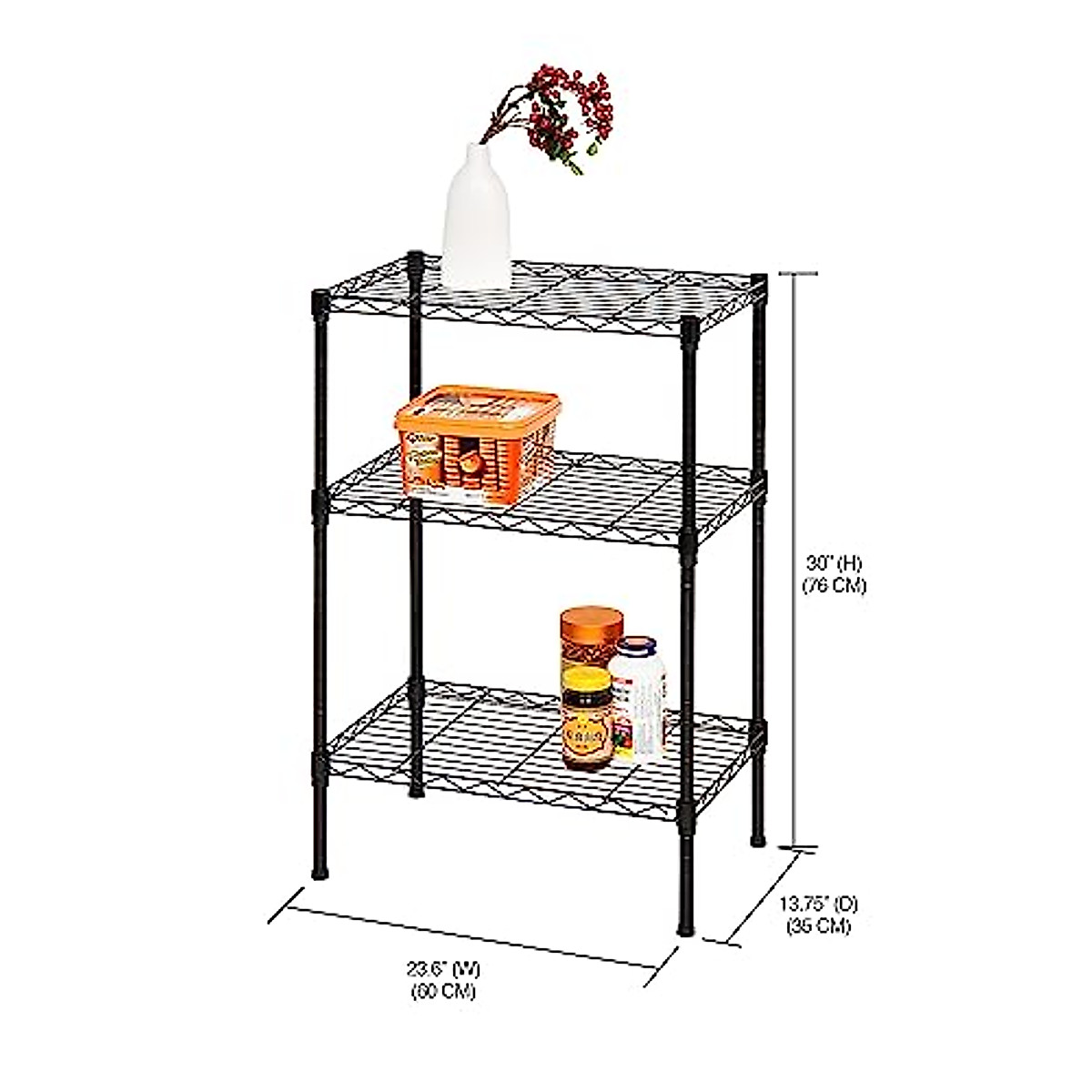 Home Basics Steel Wire Shelf | Heavy Duty | Open Design | Easy To Assemble | (Black, 3 Tier | 23.62" x 13.77" x 31.88")