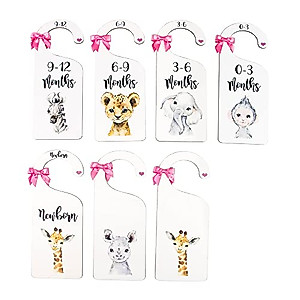 Double Sided Wood Closet Size Dividers for Baby girl Clothes Safari Animal Baby Clothing Size Age Dividers from Newborn Infant Nursery Closet Organizer with Ribbon, (0001)