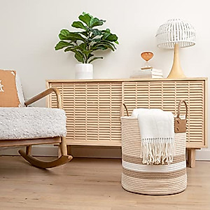 South of Maine Large Blanket Basket with Vegan Leather Handles. Cotton Rope Basket for Blankets, Laundry, Toys, Throw Pillows, Towels. Large Storage Basket for Living Room, Bedroom, Nursery. 14.5x16"