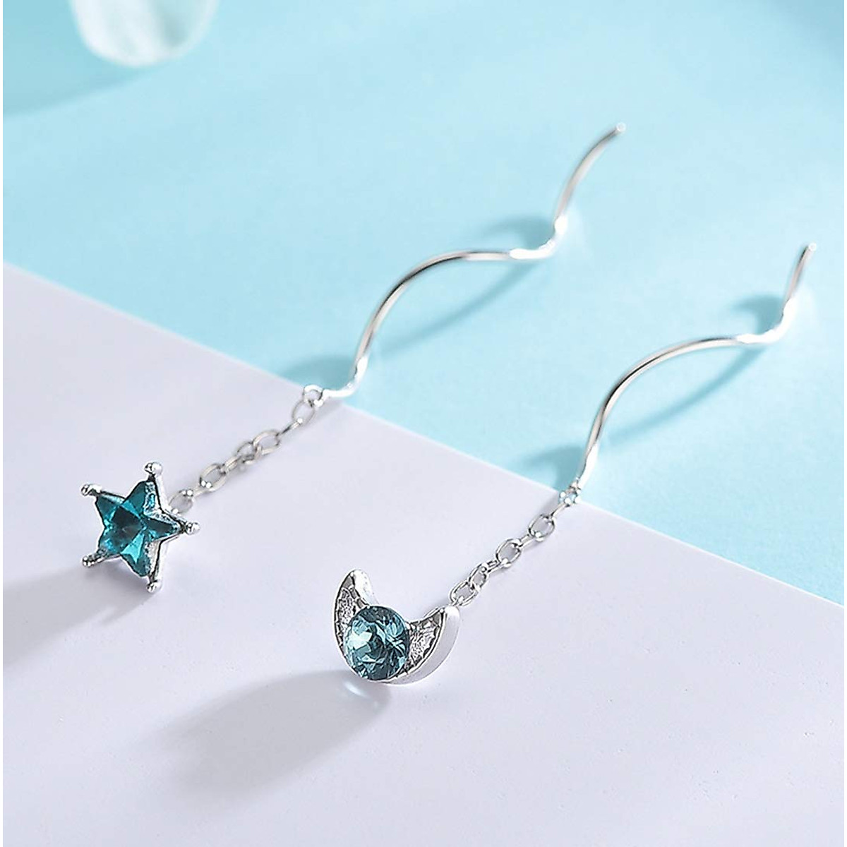 SLUYNZ 925 Sterling Silver Blue Crystal Star Moon Dangle Earrings Chain for Women Star Dangling Earrings Threader Tassel (A-Silver)
