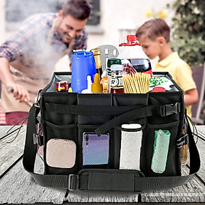 Large Grill Utensil Caddy with Paper Towel Holder, Collapsible Picnic Bag Organizer for BBQ Supplies, Easy Carry Griddle Caddy for Utensil, Plate, Portable Bag for Travel, Trunk, RV