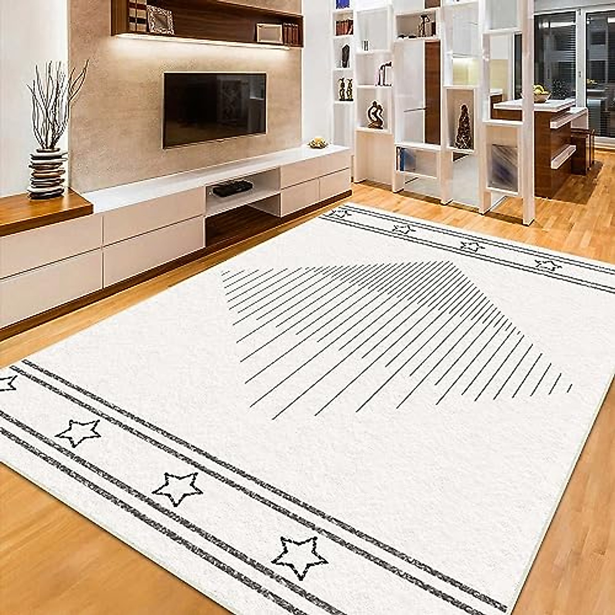 Geometric Striped Living Room Farmhouse Rug - 4'x6' Modern Diamond Stripes and Star Washable Carpet - Minimalistic Non Shedding Easy-Cleaning Floor Carpet for Bedroom
