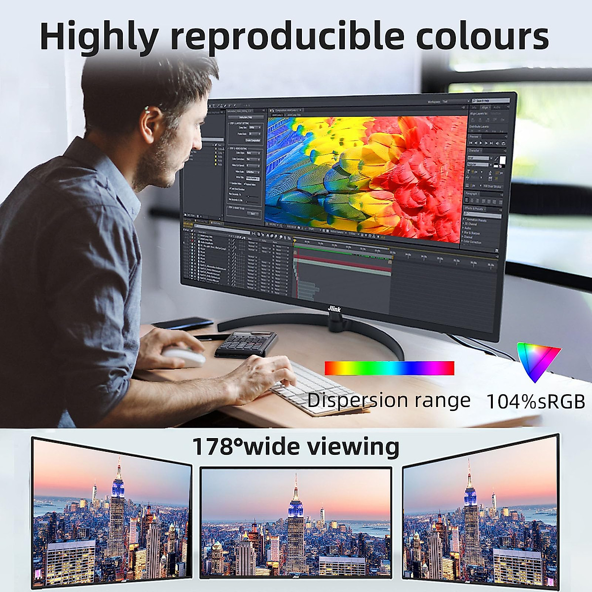 Jlink Computer Monitor FHD 32 Inch Monitor, 1920x1080P 60Hz 104% sRGB Display w/HDMI VGA 3.5mm Audio, HDR, VA Screen w/Freesync, Tilt，VESA Mount