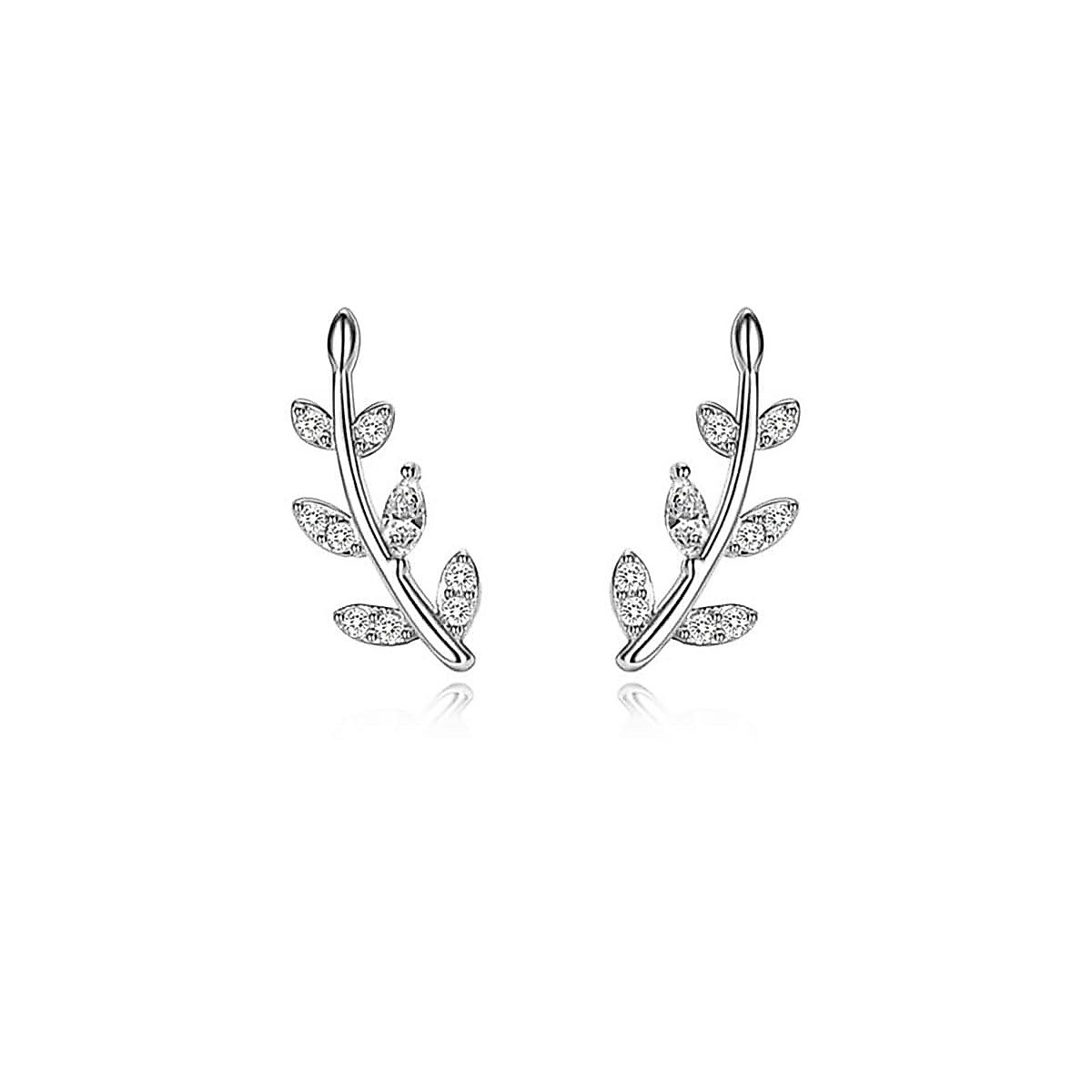 Reffeer Solid 925 Sterling Silver Leaf Crawler Stud Earrings for Women Teen Girls Crystal Leaf Stud Earrings (A-Silver)