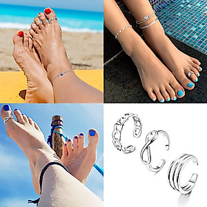 Sanfenly Anklets and Toe Ring Set for Women Silver Anklet Bracelets Open Adjustable Toe Ring Flower Wave Heart Tail Pinky Band Rings Summer Beach Foot Jewelry