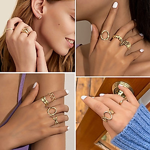HAIAISO 16Pcs Gold Done Chunky Rings for Women 18K Gold Plated Adjustable Braided Twisted Round Signet Statement Rings Open Stackable Rings set Size 5-9