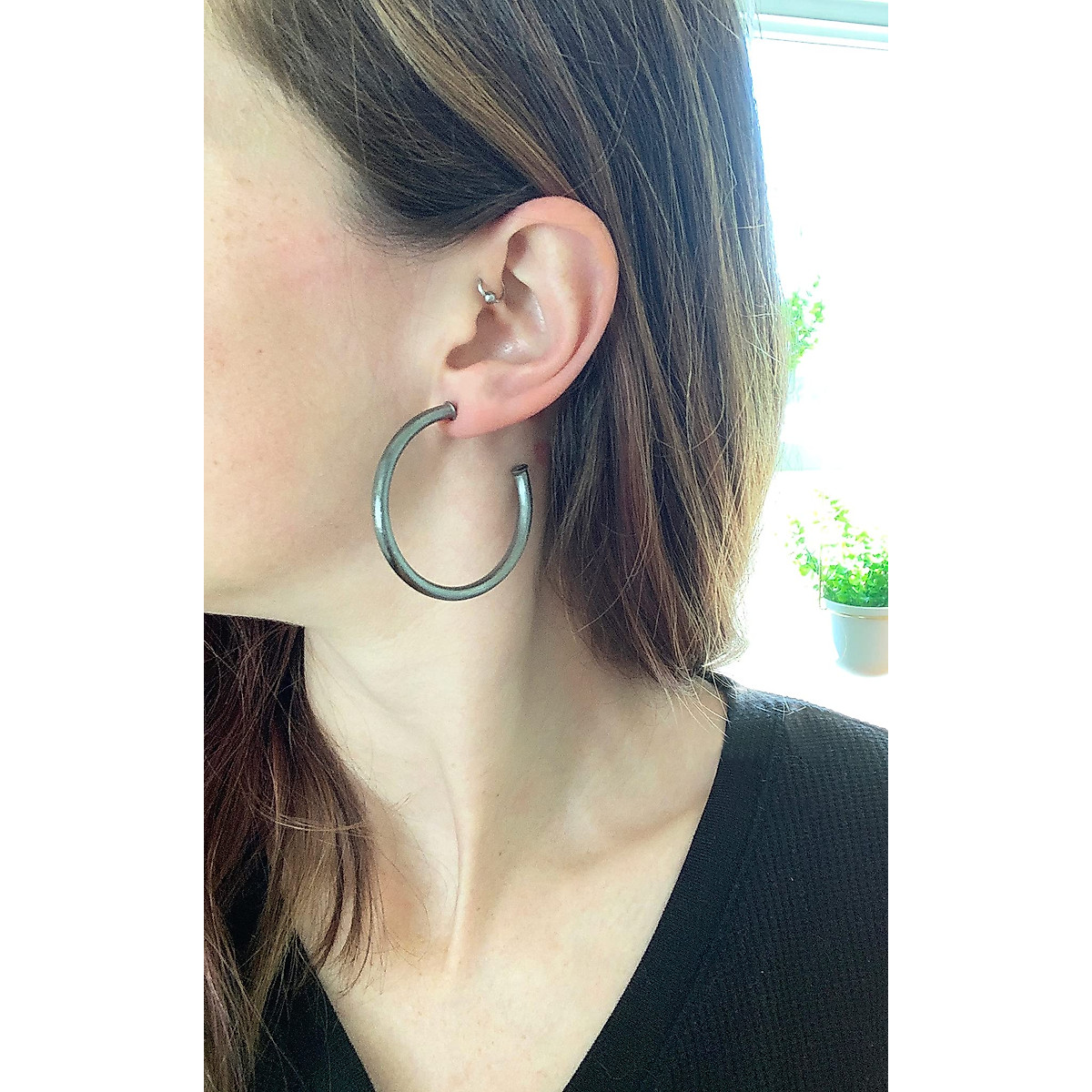 Sheila Fajl Small Everybody's Favorite 2 Inch Tubular Lightweight Womens Hoop Earrings in Brushed Gunmetal Silver Plated