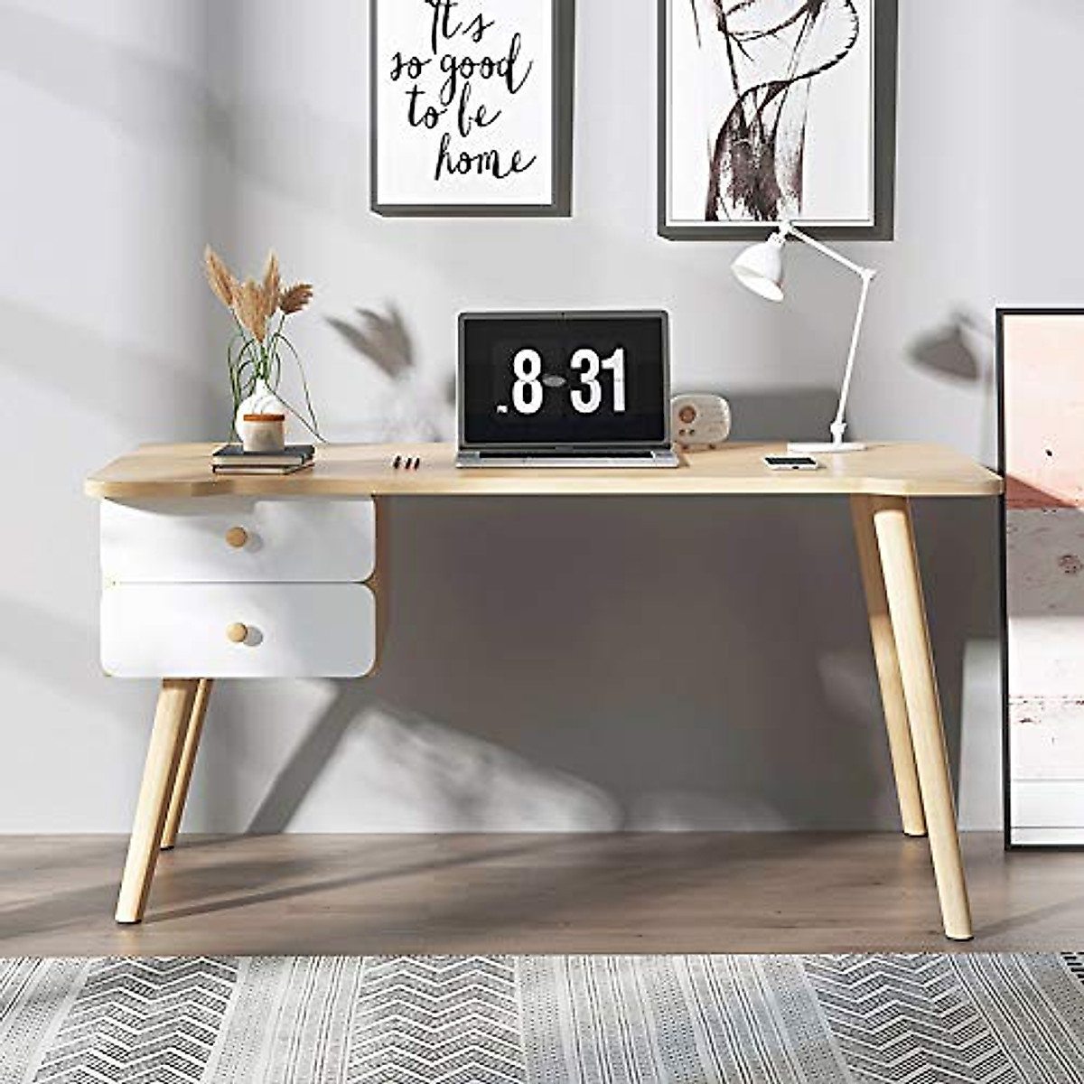 Simple Computer Desk with 2 Drawers,Wooden Study Writing Desk Home,Modern Style Sturdy Pc Laptop Table for Home Office Workstation