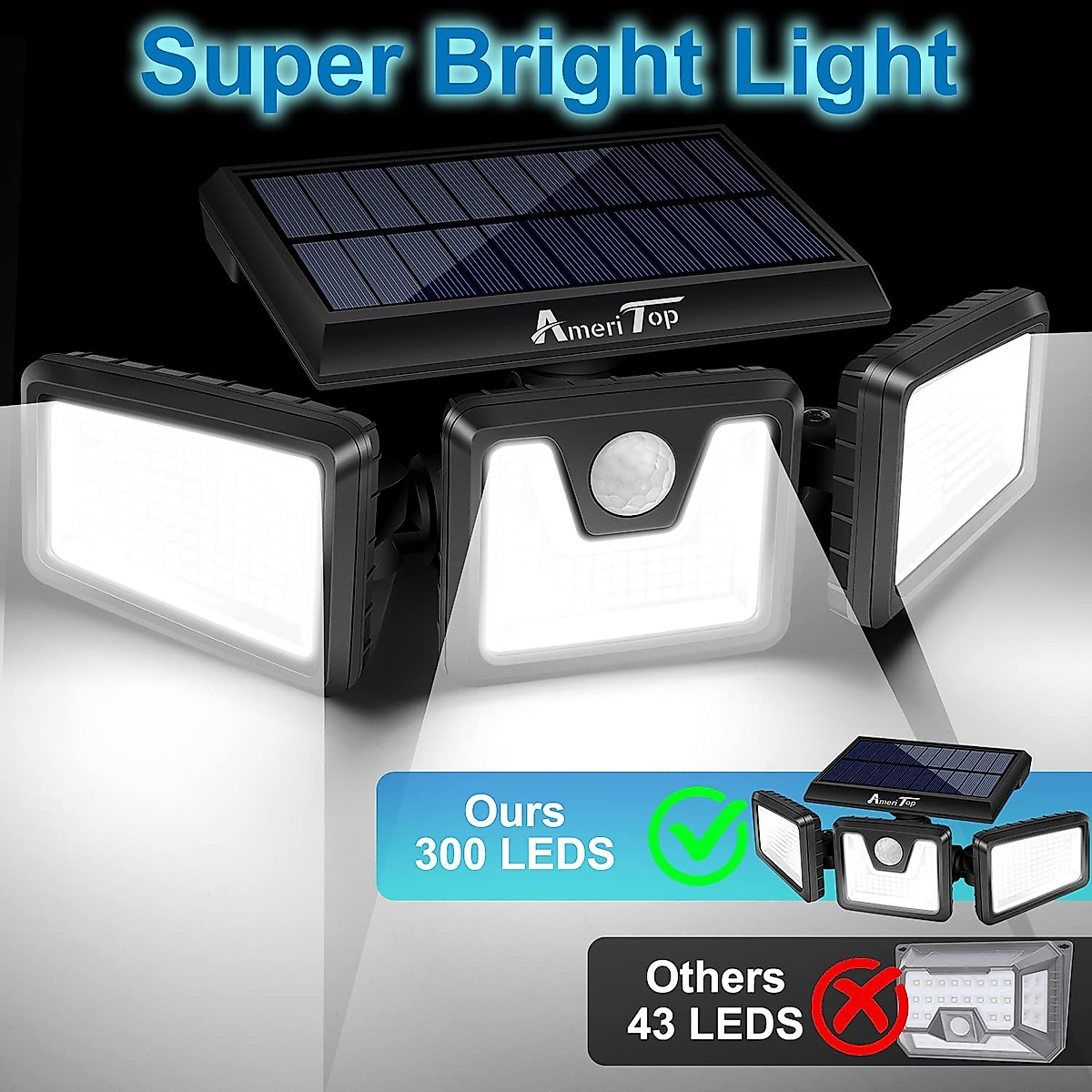 AmeriTop Solar Lights Outdoor, 300 LED 2200mah 7000K Cordless LED Motion Sensor Flood Light, 3 Heads with 3 Mode, IP65 Waterproof, Remote Security LED Flood Light(Daylight) 2 Pack