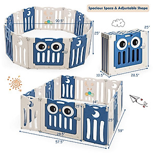 Costzon Foldable Baby Playpen, 14-Panel Baby Fence with Lock Door, Rubber Pads & Anti-Slip Rubber Bases, Indoor Outdoor Safety Baby Fence with Adjustable Shape for Toddlers (14-Panel, Blue)