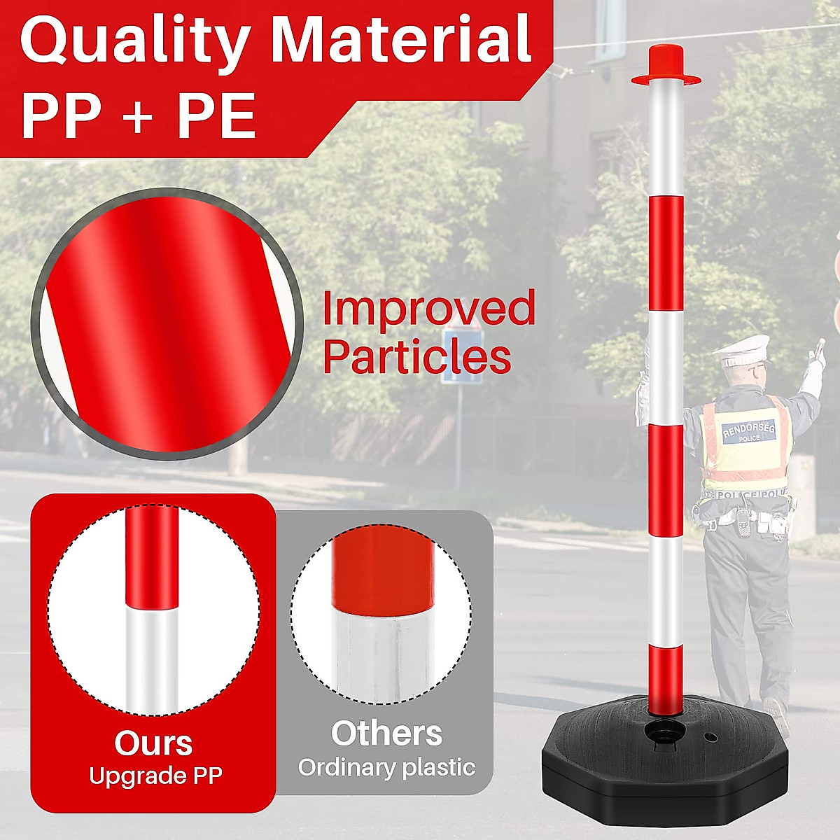 Traffic Delineator Post Cone, Plastic Stanchion Post Set Crowd Control Stands Barrier with 6.6 ft Link Chain and S Hooks for Parking Lot Construction Caution Roads, Red, White (6 Pack)